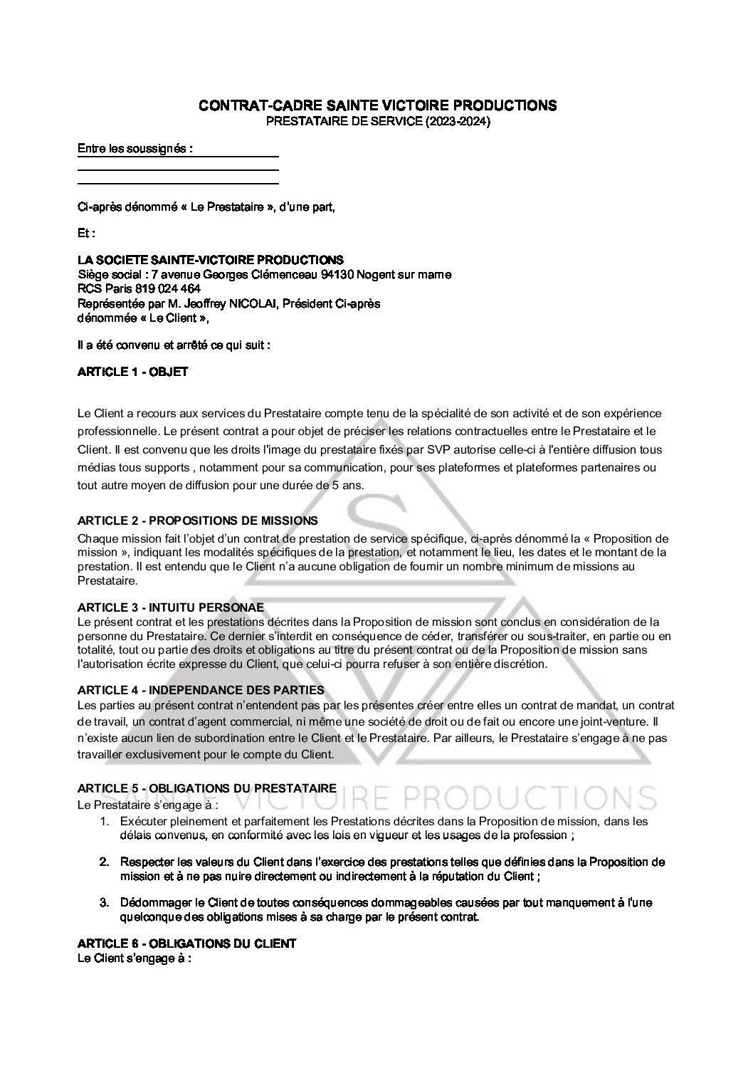 CONTRAT CADRE 2024 | SAINTE-VICTOIRE PRODUCTIONS